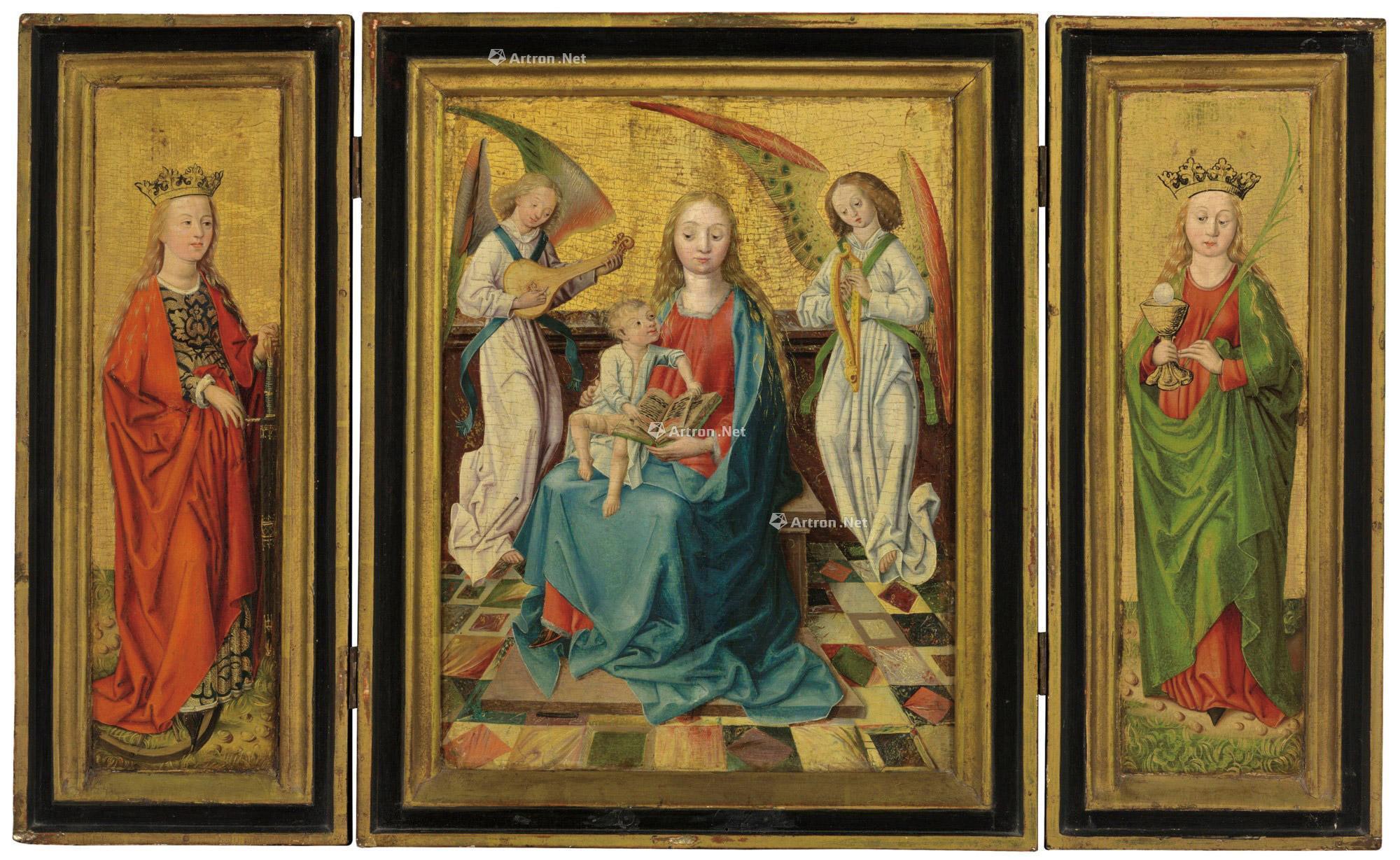 【A triptych: the central panel: The Virgin and Child with musical angels； the wings: the inner ...