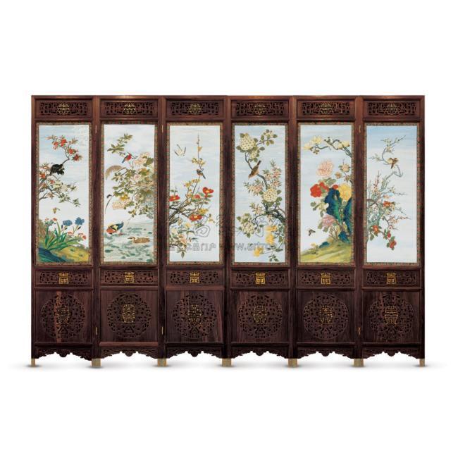 【清十八世纪 红木嵌暗刻描金寿石杂宝彩绣瑞景图六扇屏风】拍卖品_图片_价格_鉴赏_红木_雅昌艺术品拍卖网